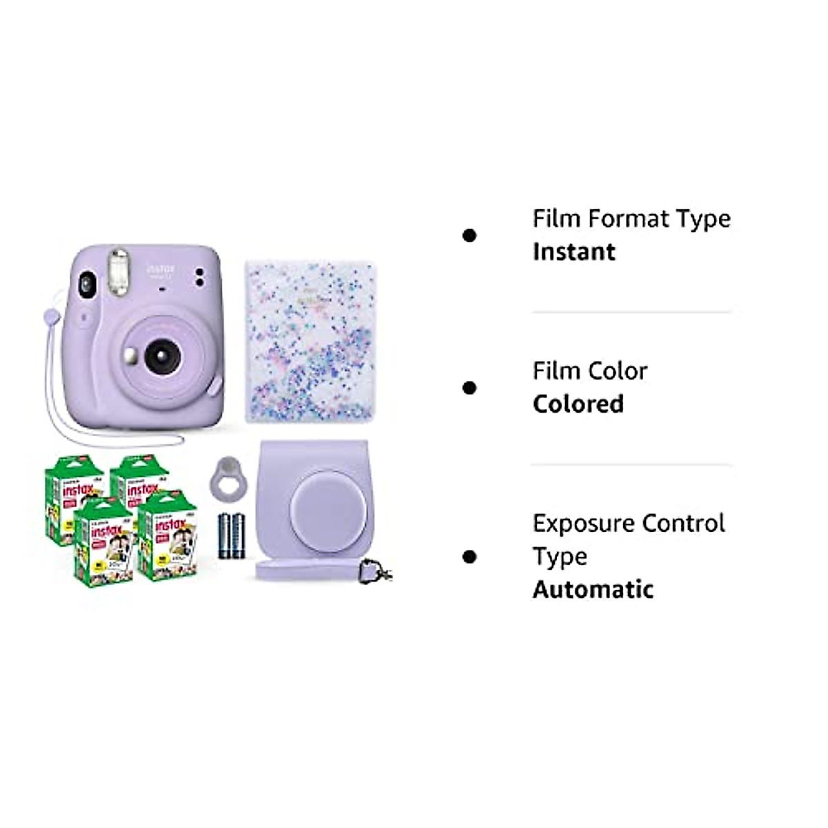 Fujifilm Instax Mini 11 Instant Camera Lilac Purple + Fuji Film Value Pack (40 Sheets) + Shutter Accessories Bundle, Incl. Compatible Carrying Case, Selfie Lens, Quicksand Beads Photo Album 64 Pockets