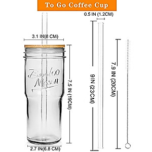 ANOTION Glass Cups with Lids and Straws 4 Packs, 24oz Travel Coffee Mug Wide Mouth Mason Jar Iced Coffee Cup Smoothie Cup Glass Tumbler Tea Cup Boba Cup Clear Cute Water Cups Drinking Jars Glasses