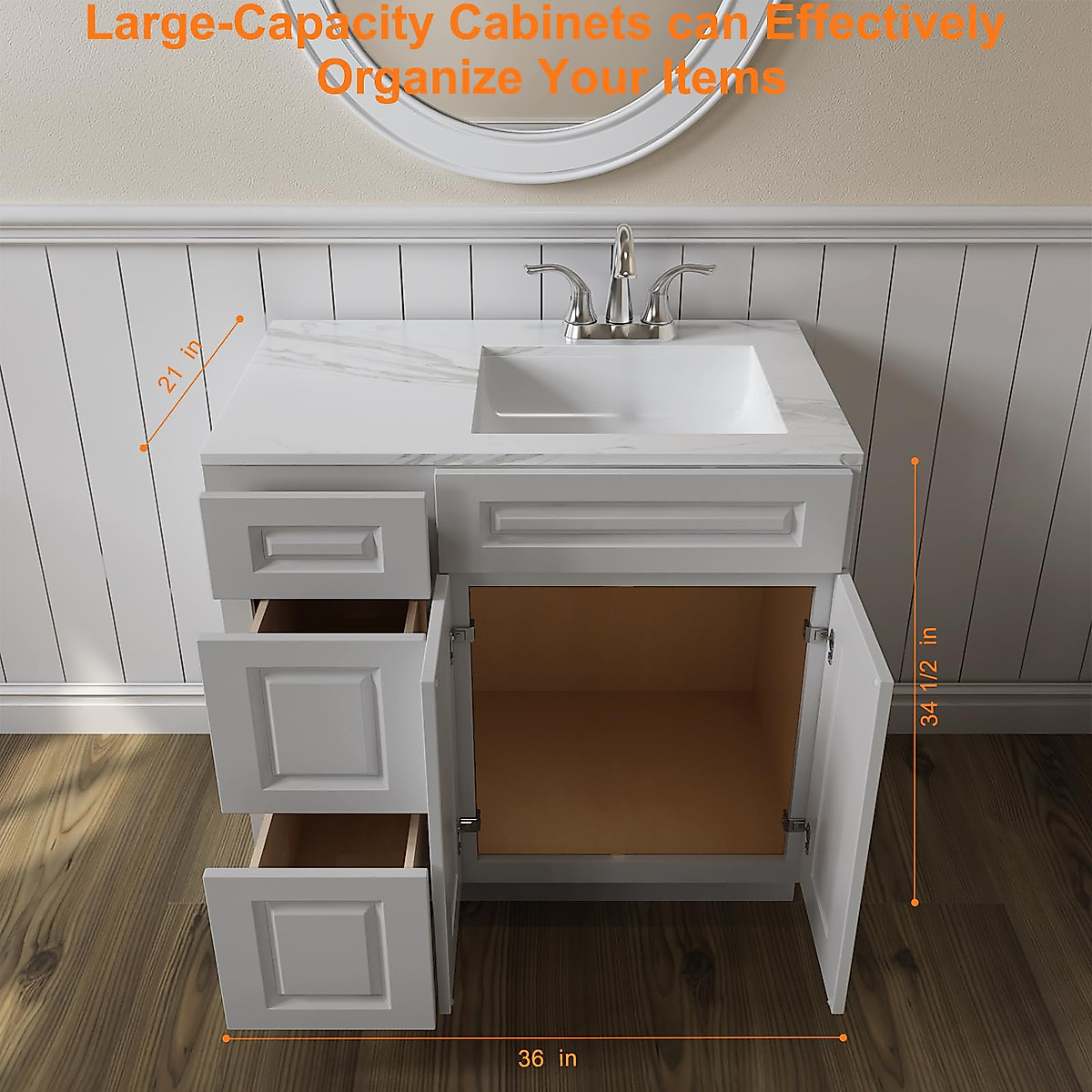 LOVMOR 36'' Bathroom Vanity Sink Base Cabinet with 2-Doors, Storage Cabinet with 3-Drawers on The Left, Suitable for Bathrooms, Kitchens, Laundry Rooms and Other Places.