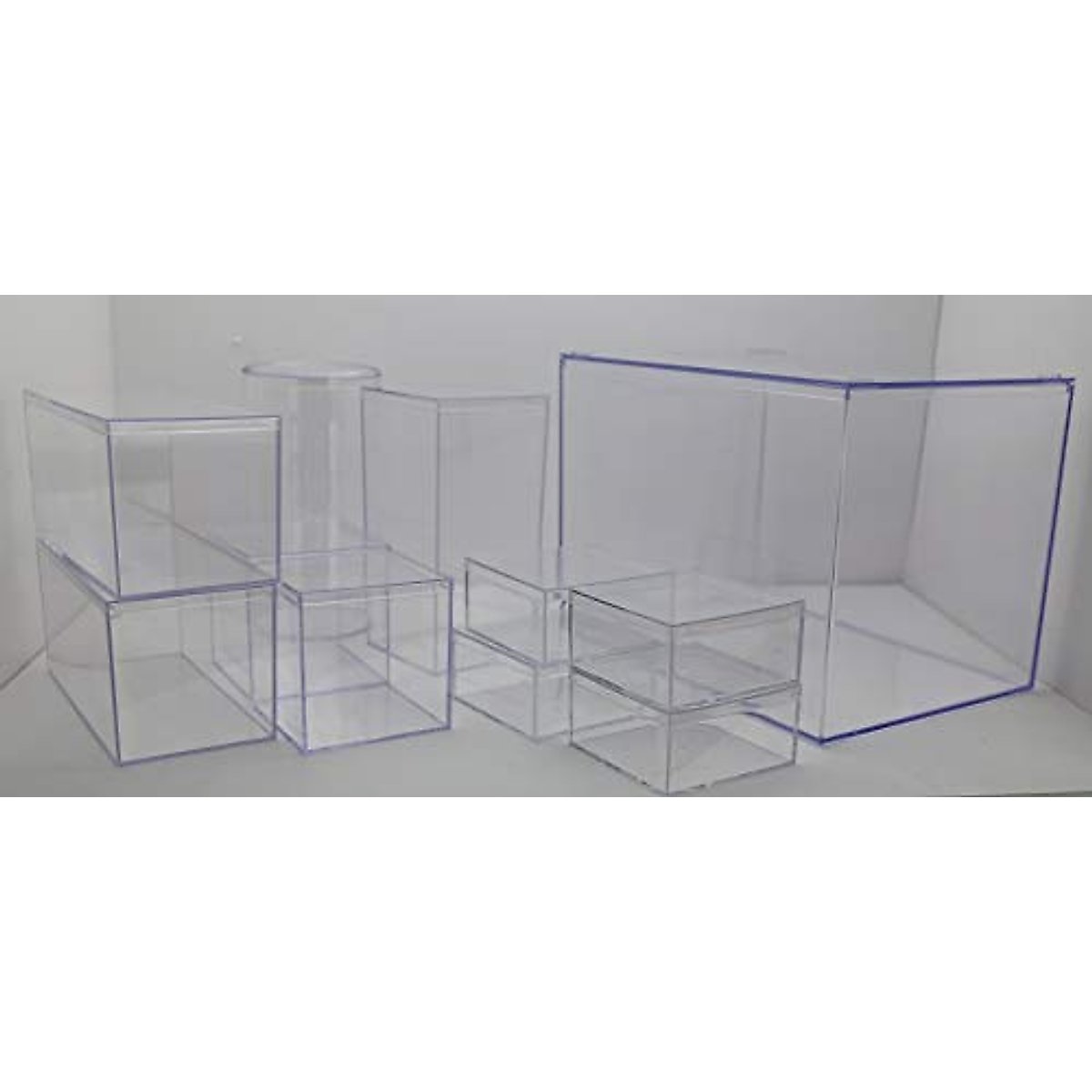 Clear Large Rigid Plastic Box 12 1/2" x 8 1/2" x 8 1/2" with Variety Boxes Inside (Round 4 1/4" Dia, 8" X 4" Rectangle, and 4" x 4" Square and Others)