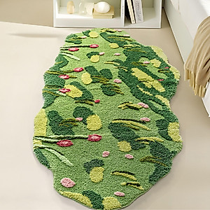 Green Moss Rug 3D Floral Moss Carpet,Runner Rugs for Bedroom with Rubber Backing, Washable Bathroom Runner Rug, Super Soft Plush Non Slip Long Rug, Aesthetic Rug -32x79in