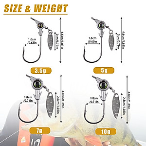 Fishing Jig Head Hook 10pcs Underspin Jig Head Swimbait Jigs with Willow Bladed 3D Big Eyes Round Head Crappie Jigs Saltwater Freshwater Bass Fishing Tackle Accessories 1/8, 3/16, 1/4, 3/8oz