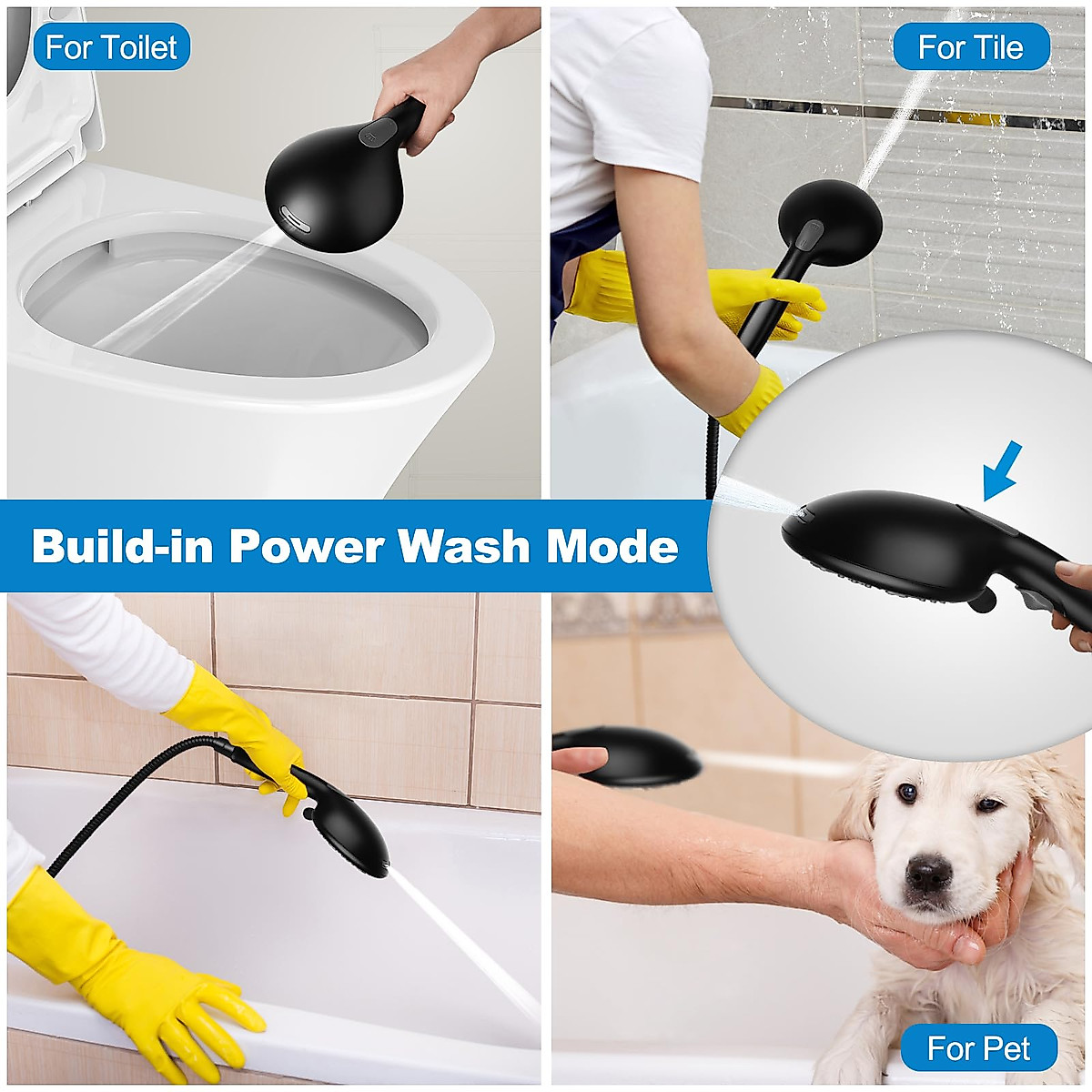 Shower Head with Handheld, Lanhado 9 Setting Matte Black Shower Head, Detachable Shower Head with Hose & Adjustable Bracket,High Pressure Shower heads, Built-in Power Wash to Clean Tub, Tile & Pets