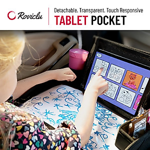 ROVICLU Car Seat Travel Tray for Kids - Carseat Trays Accessories, Toddler Activity Table, Road Trip Essentials - Shoulder Strap Pad, Erasable Board, Smartphone/Table Stand.