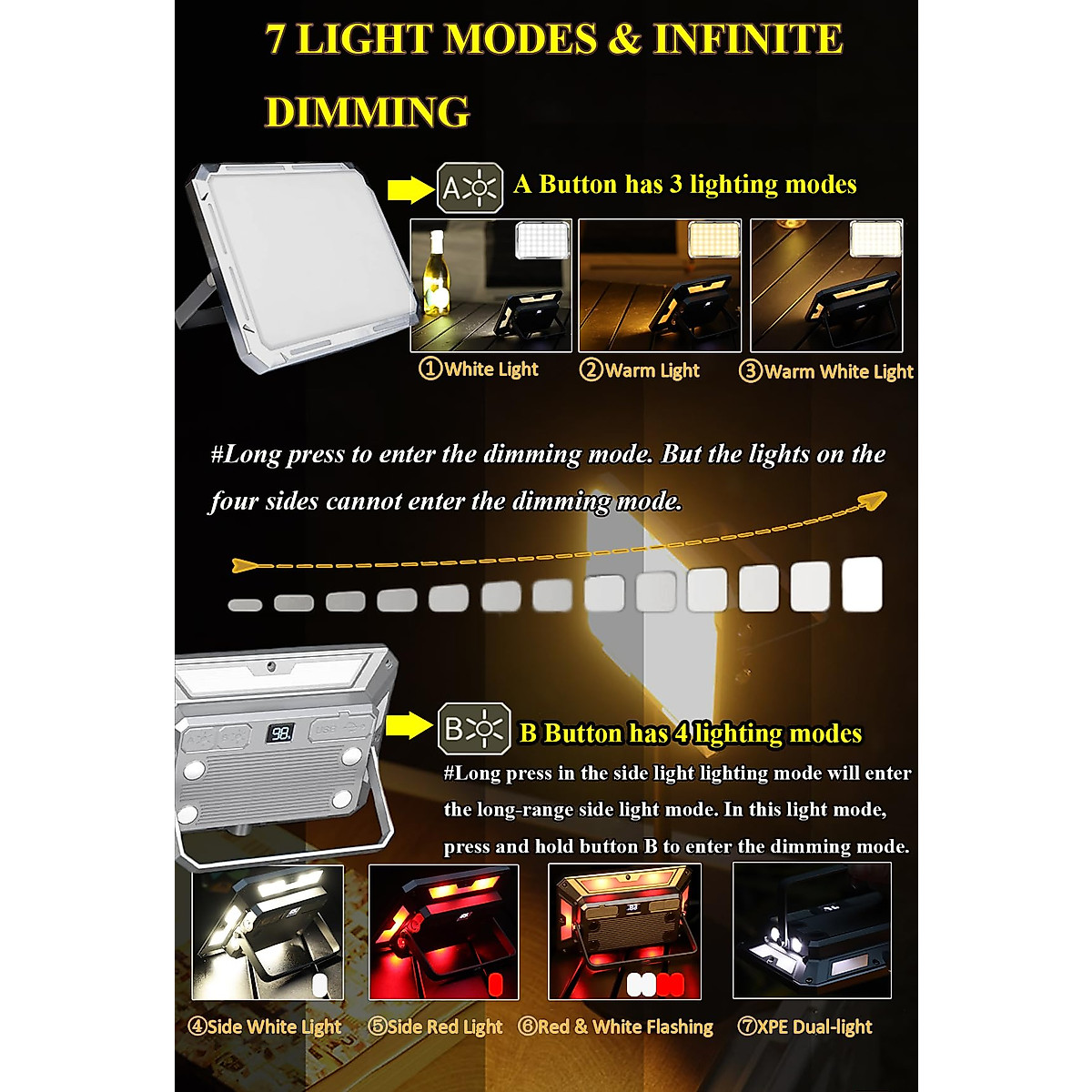 V VILISUN LED Camping Work Lantern, Multifunctional Camping Lights, Battery Powered 4000mAh, 7 Light Modes, IP44 Waterproof, Rechargeable Light with Magnet for Outdoor, Emergency, Fish, Hiking