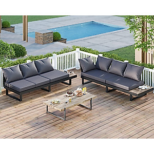 PaPaJet Aluminum Patio Conversation Set with Adjustable Backrest, 6 Piece Modern Outdoor Furniture Set with Wood Side Table for Backyard Poolside Porch, Gray