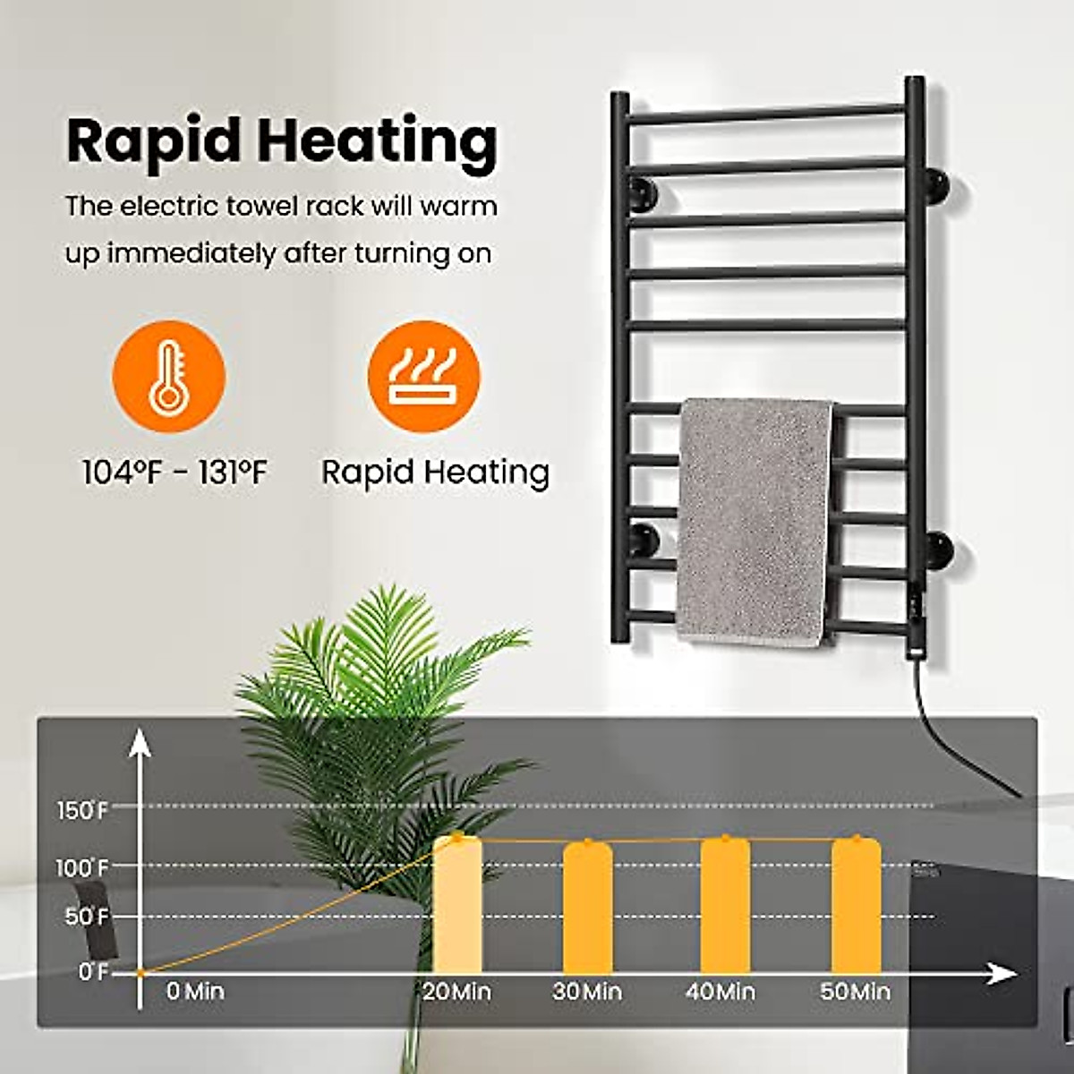 VIVOHOME Electric Heated Towel Rack for Bathroom, Wall Mounted Towel Warmer, 10 Stainless Steel Bars Drying Rack, Black