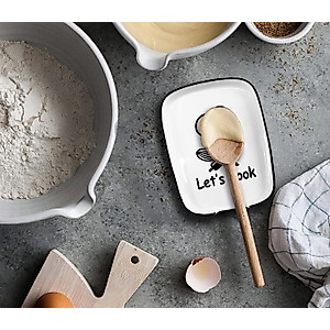 Ceramic Patterned Fork Spoon Rest with Message Let's Cook, Functional Kitchenware Spoon Rest Suitable for Kitchen Countertop or Stove Top Kitchen Accessory and Gift for Cooking Enthusiasts