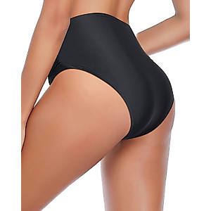 Tempt Me Women's Black High Waisted Bikini Bottom Full Coverage Retro Tummy Control Swimsuit Bottom S