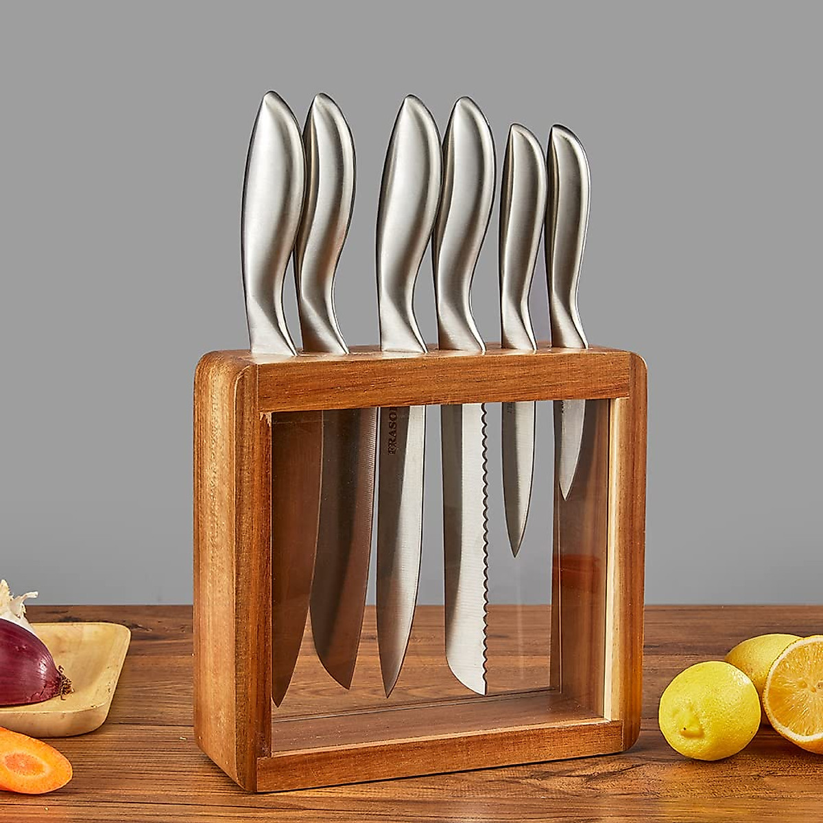 FRASOICUS 7 Pieces Kitchen Knife Set with Wooden Block, German Stainless Steel Ultra Sharp, Professional Chef Knife Set for Kitchen Best Gift