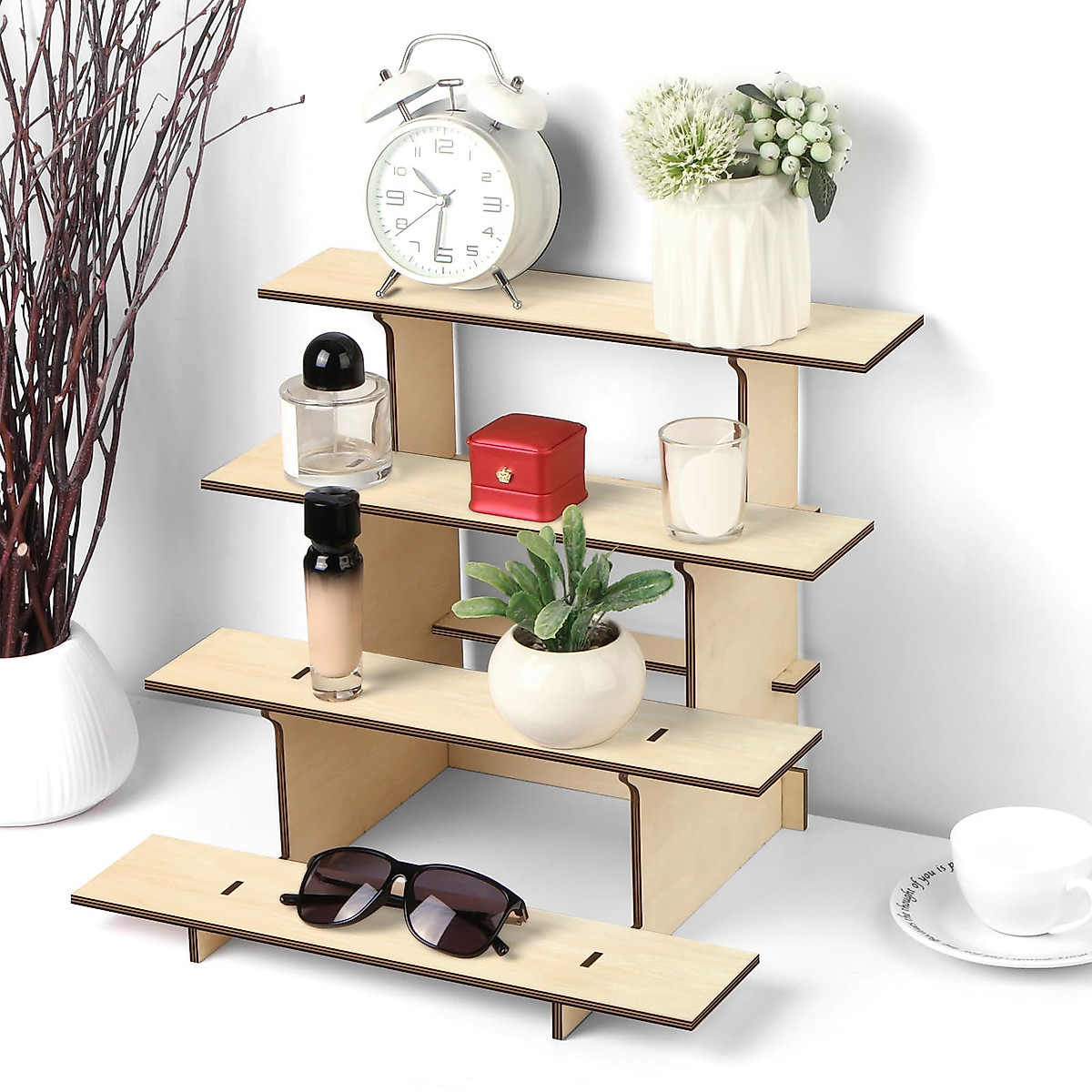 4-Tier Wood Straight Table Retail Display Wood Cupcake Stands Dessert Stands Retail Display Stand for Craft Shows Farmers Markets Cupcakes Candy Jewelry Desserts Counter Top Home Wedding Party