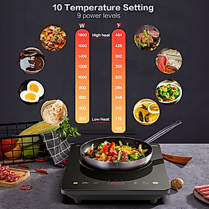 Sunmaki Induction Cooktop,induction hot plate with LED Display,1800W Countertop Burner Portable Black Crystal Glass Surface 10 Temperature 9 Power Setting&3h Timer for Cooking 1