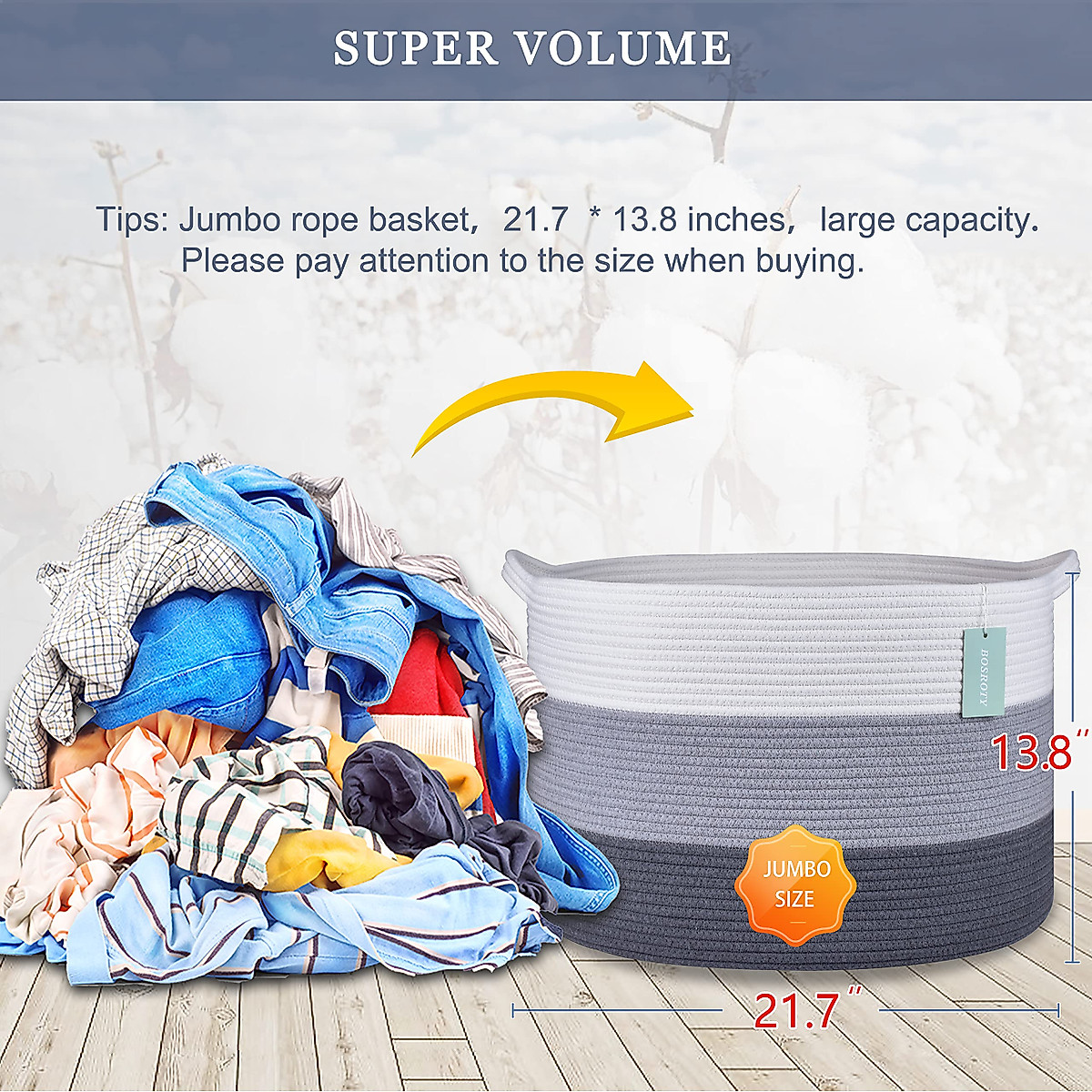 BOSROTY Extra Large Blanket Basket 87L, Laundry Hamper, Baby Nursery Hamper, Large Laundry Basket For Girls Boys, Cotton Rope Basket, Clothes Basket Laundry, 22”x 14”, White & Gray