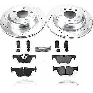 Power Stop K6852 Rear Z23 Carbon Fiber Brake Pads with Drilled & Slotted Brake Rotors Kit and 1 Rear Sensor Wire