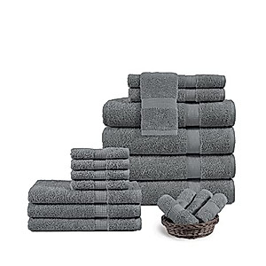 LANE LINEN Cotton Bath Towels for Bathroom Set-18 PC Bathroom Towels Set-4 Bath Towels, 6 Hand Towels for Bathroom, 8 Wash Cloths for Your Body, Soft Turkish Towel Sets for Bathroom - Space Grey