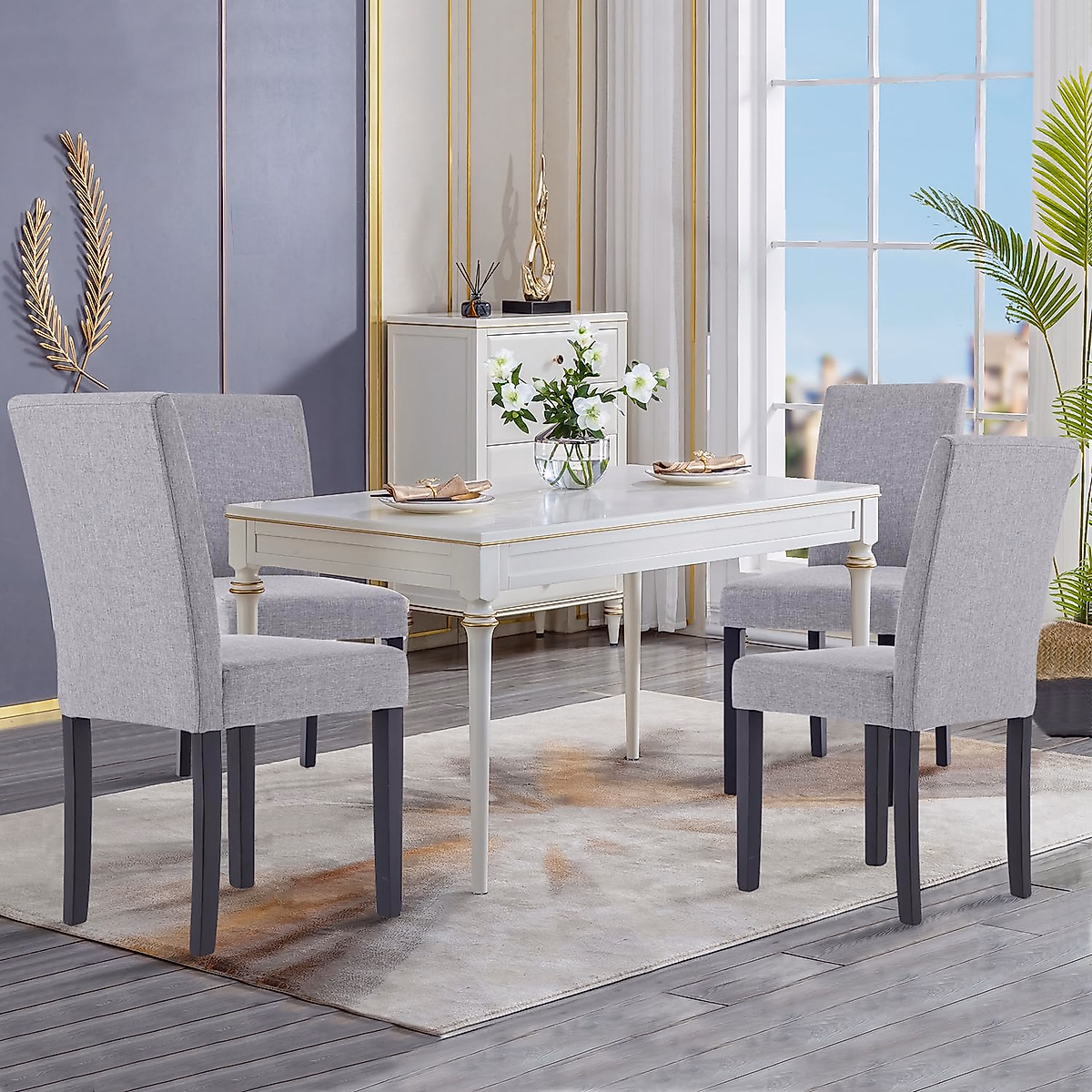 Dining Chairs Set of 6, Luxury Upholstered Fabric Kitchen Chairs Side Chair with Padded Seat Back and Solid Wood Legs for Living Room, Bedroom, Dining Room, Grey