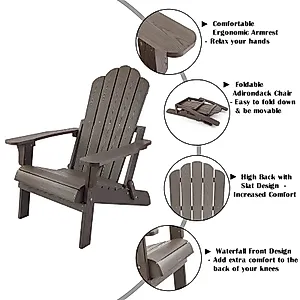 Folding Adirondack Chairs Set of 2, Outdoor Patio Weather Resistant Chair, Imitation Wood Stripes, Easy to Fold Move & Maintain, Plastic Chair for Backyard Deck, Garden Lawn Porch - Dark Brown