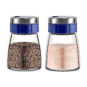 vzaahu Blue Glass Salt and Pepper Sharkers Set with Adjustable Pour Holes - Spice Shaker Salt Dispenser Pepper Dispenser - Perfect for Pink Himalayan, Table Salt, Black and White Pepper (Blue)