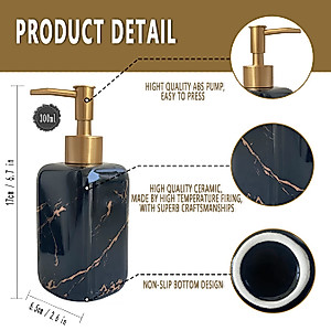 10 Oz Square Marble Soap Dispenser Black Soap Dispenser for Bathroom Ceramic Liquid Soap Dispenser with Golden Pump Premium Kitchen Soap Dispenser (Black Marble)