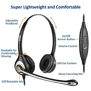 Cell Phone Headset with Microphone Noise Cancelling & Call Controls, 3.5mm Computer Headphones for iPhone Samsung PC Business Skype Softphone Call Center Office, Clear Chat, Ultra Comfort