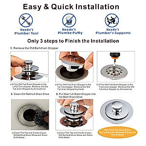 Artiwell Universal Lift and Turn Bath Drain Stopper and Cover, Bathtub Drain Stopper, Replaces Lift and Turn, Tip-Toe and Trip Lever drains for Tub, EZ Installation and Clearing (Chrome Plated)