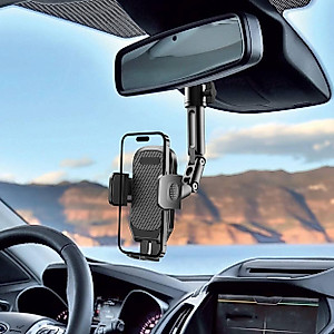Quyee Phone Holder Car, Rear View Mirror Phone Holder - Aluminum Alloy Mount Multi-Angle Adjustment Rotatable and Retractable Compatible with All 4-7 Inch iPhone and Android Cell Phones