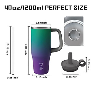 ZZT 40 oz Tumbler with Handle and Straw Lid,Leak Proof Metal Sports Water Bottle Jug,Stainless Steel Insulated Travel Coffee Mug-Fits in Cup Holder-Gifts for Women & Men(Green Purple)