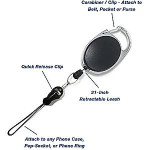 Phone Assured Phone Tether - 31" Safety Anti Theft Retractable Phone Clip - Anti-Drop Travel Clip - Black Smartphone Clip for Pants or Purse - Universal Connection Fits Any Smartphone Case (1 Pack)