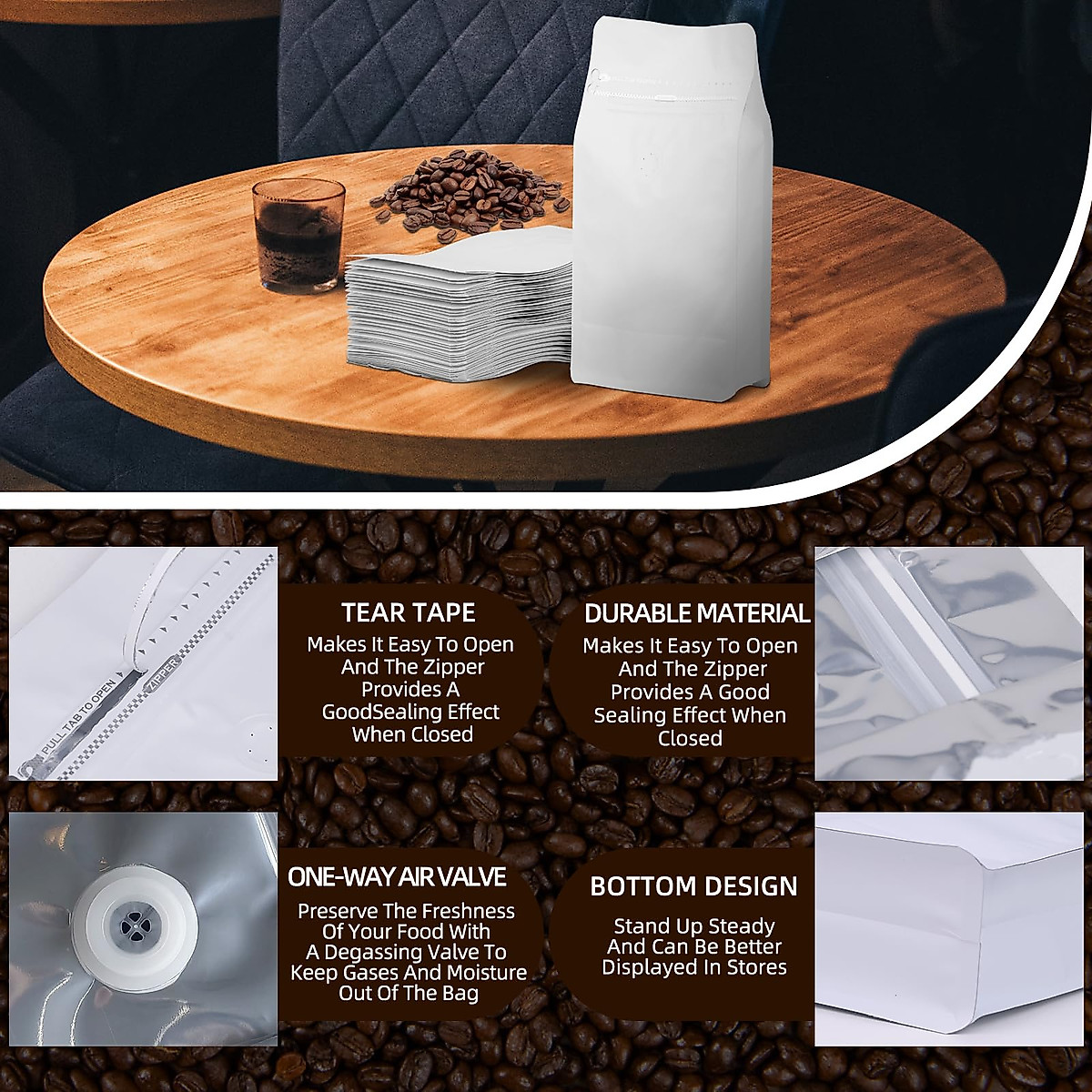 Obsoorth Air tight Coffee Bags with One Way Valve Resealable Aluminum Foil Stand up Smell Proof 25 Pieces Ziplock Coffee Bean Storage Pouches for Home and Store, Matte White 1lb