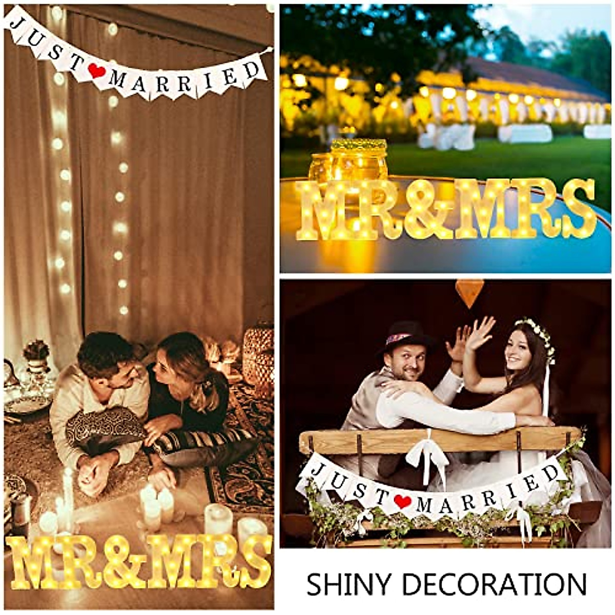 Coume Wedding Decorations Set, Mr Mrs Marquee LED Signs Just Married Banner Fairy String Light, 8.5 Inch Sign, for Table, Photo Props