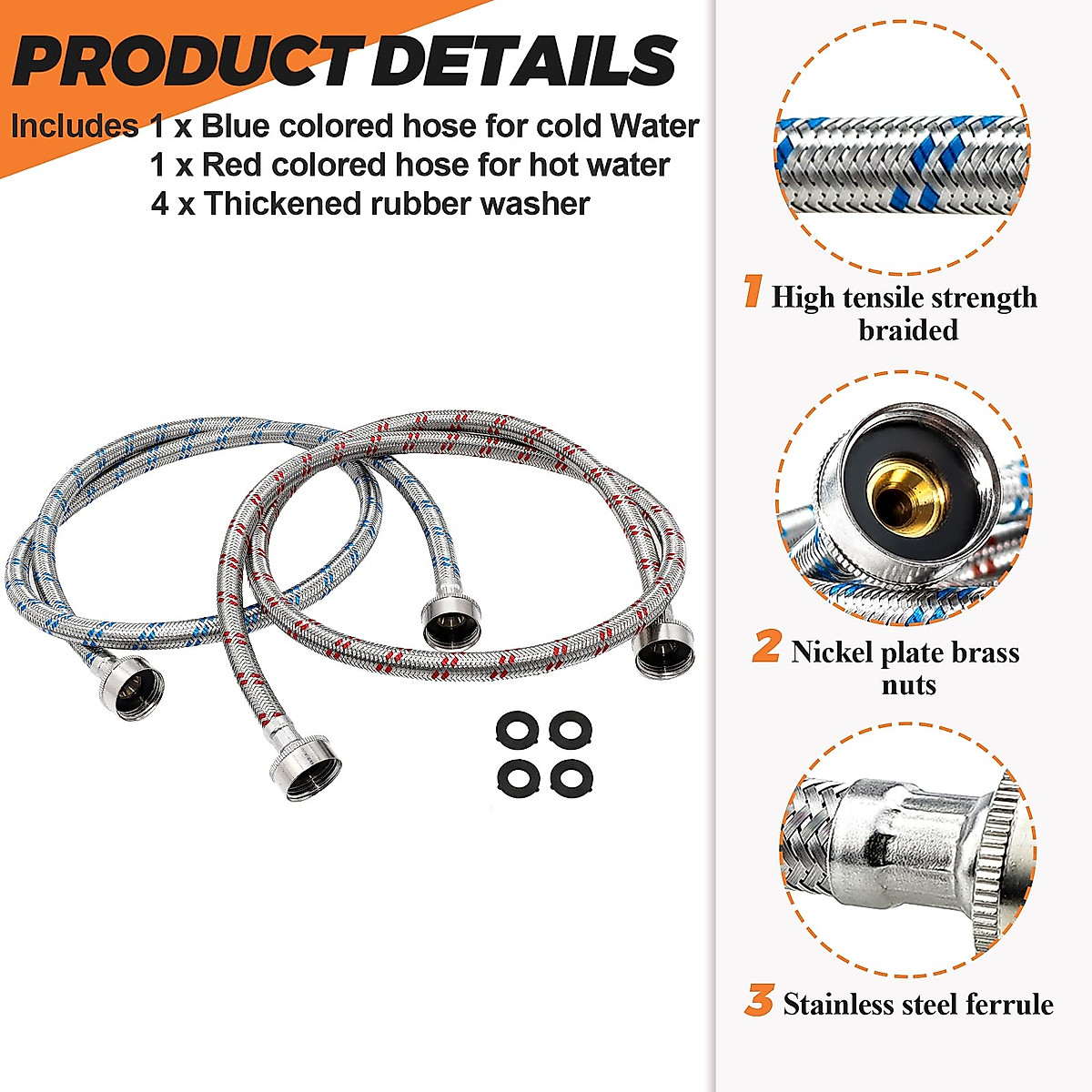 Beaquicy 4 Ft Washing Machine Hoses Burst Proof Braided Stainless Steel - Fit for ALL Washers - Red and Blue Washer Hoses(2 Packs)