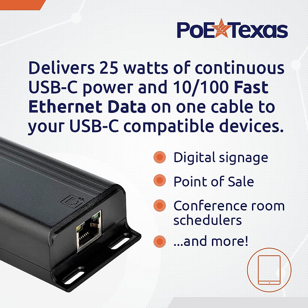 PoE Texas PoE+ Power and Data to USB-C Converter – Compatible with Apple Pro, Air, & Mini Tablets, Google Pixel, Lenovo M10+, Surface Go, Surface Pro, & Others, for POS, Digital Signage, & More