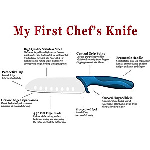 Cooking with Kids - My First Chef's Knife for Kids - (Royal/Navy) w/Protective Safety Sheath - German Stainless Steel - Curved Finger Shield/Children
