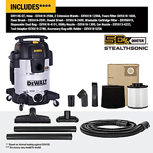 DEWALT 10 Gallon STEALTHSONIC Shop Vacuum Wet and Dry, Ultra Quiet Heavy Duty Shop Vacuum with Attachments, Powerful Outdoor Shop Vac for Car, Garage, Workshop, Jobsite, Patio, DXV10S-QT, 5 Peak HP