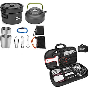 Odoland Bundle – 2 Items 10pcs Camping Cookware Mess Kit and 8 Pcs Camping Cookware Utensils Travel Set for Backpacking, Outdoor Camping