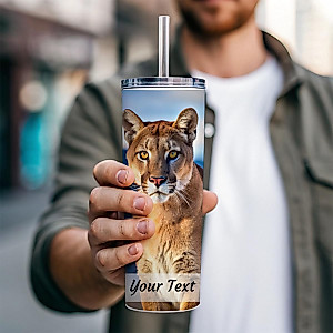 Personalized Custom Name Text Mountain Lion Cougar Skinny Tumbler 20oz with Straw Insulated Water Bottle Gift - 1 Line Horizontal