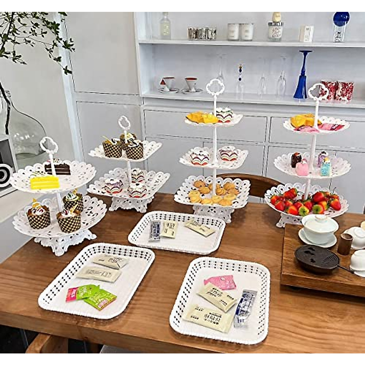Set of 7 Pieces Cupcake Stands Plastic Dessert Stand Cupcake Holder Plate Serving Tray Fruit Plate for Wedding Birthday Party Fruits Desserts Candy Bar Display White