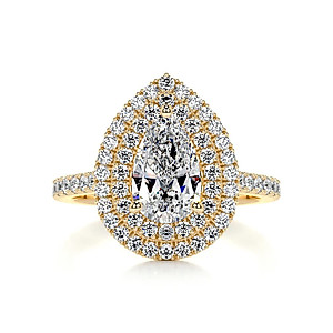 Solid Gold Handmade Engagement Rings 3 CT Pear Cut Moissanite Diamond Double Halo Bridal Wedding Ring for Anniversary Propose Gift (14K Solid Yellow Gold)
