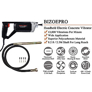 BIZOEPRO Hand Held Power Concrete Vibrator 950W 13000rpm With 2.5M(8-1/5feet) Shaft Rod Electric Concrete Vibrabrater Portable Construction Pencil Vibrator