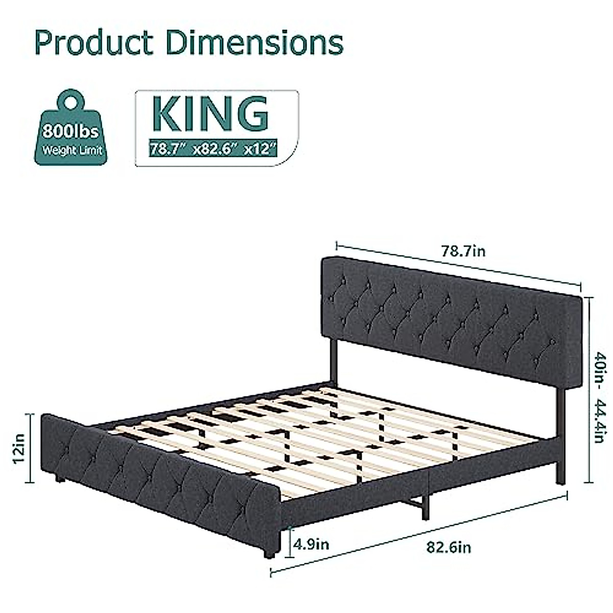 KIETLER King Size Bed Frame with Type-C & USB Ports， Adjustable Headboard， Upholstered Platform with Wooden Slats Support, Linen Fabric Wrap No Box Spring Needed, Easy Assembly, Dark Grey