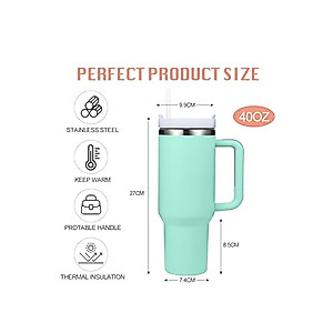 40 OZ INSULATED QUENCHER TUMBLER WITH HANDLE AND STRAW, DOUBLE WALL STAINLESS STEEL WITH 3-IN-1 LID, 100% LEAK-PROOF THERMOS, WATER BOTTLE, TRAVEL COFFEE MUG FOR CAR CUP HOLDER (OCEAN MINT)