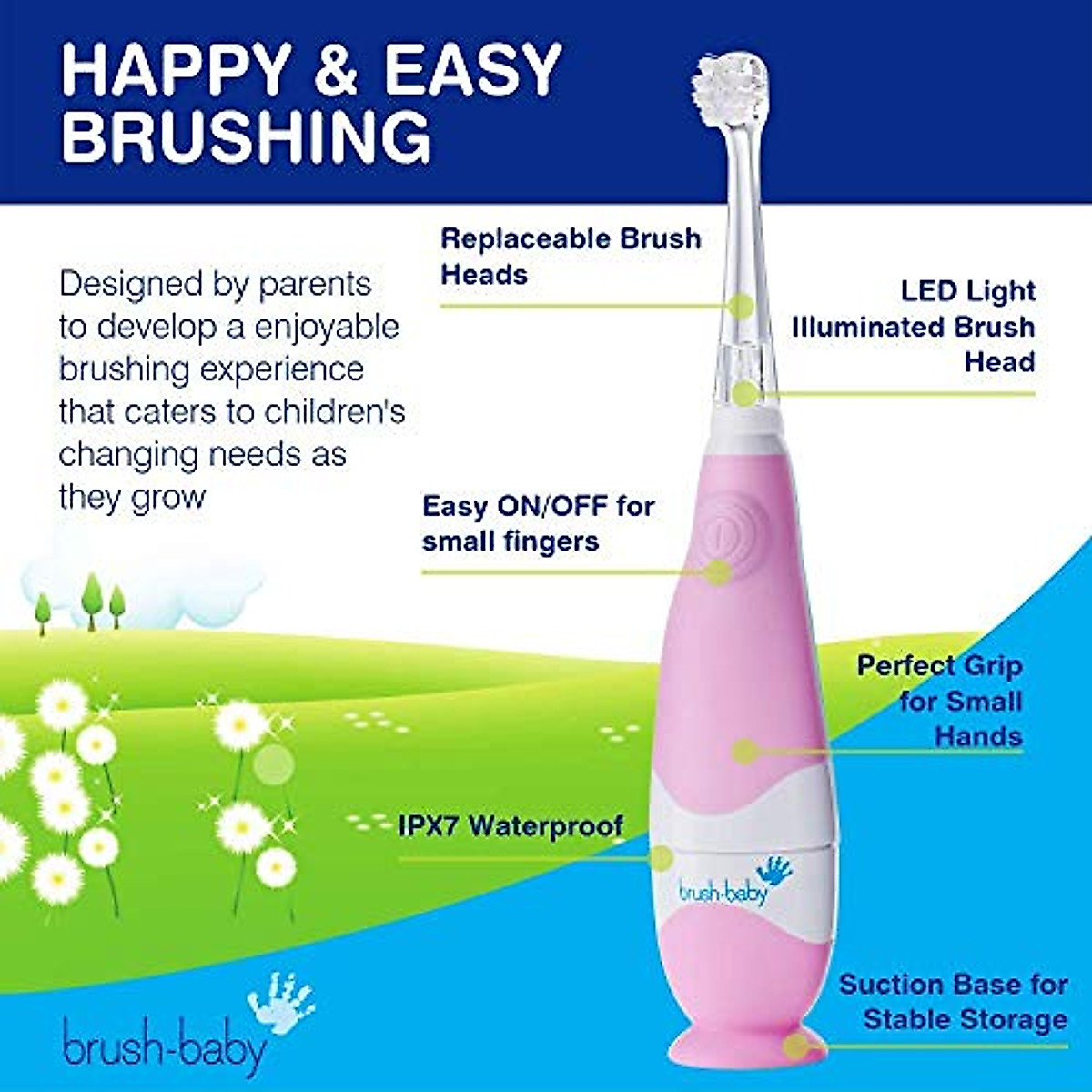 brush-baby BabySonic Infant and Toddler Electric Toothbrush for Ages 0-3 Years - Smart LED Timer and Gentle Vibration Provide a Fun Brushing Experience - Includes 2 Sensitive Brush Heads (Pink)