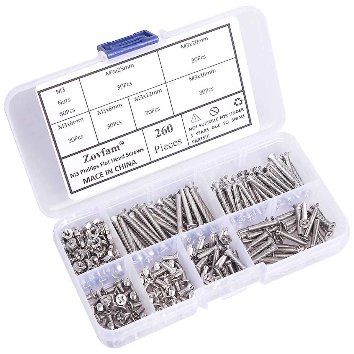 M3 Phillips Flat Head Screws Countersunk Bolts Nuts 304 Stainless Steel Nuts and Bolts Assortment Kit M3 x 6mm/ 8mm/ 12mm/ 16mm/ 20mm/ 25mm Metric Bolt Kit 260Pcs