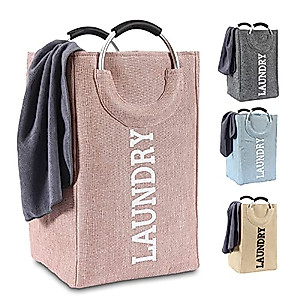 AOFUXTI 50L Freestanding Laundry Basket Collapsible - Bathroom Laundry Hamper Waterproof with Easy Carry Aluminum Handles, Clothes Hampers for Laundry, Bathroom, Bedroom, Dorm (Pink)