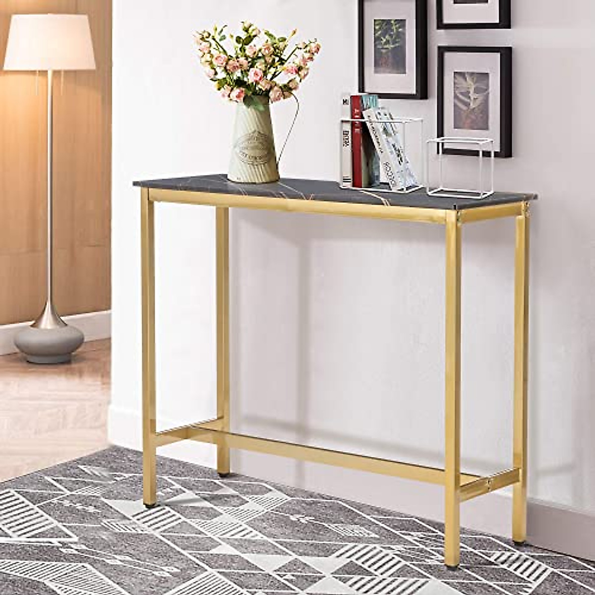 Awonde Modern Rectangle Bar Table Gold Black Faux Marble Bar Height Table 41" Tall Pub Table for Living Room Dining Room Entryway Sofa Console Table with Wood Top Metal Frame