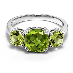 Gem Stone King 925 Sterling Silver Green Peridot 3 Stone Engagement Ring For Women (3.45 Cttw, Gemstone August Birthstone, Cushion 8MM, Size 7)