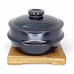 Korean Stone Pot(Dolsot,Ttukbaegi) with Lid, 32oz Premium Ceramic Hot Pot for Bibimbap and Soup, Sizzling for Authentic Korean Cooking, Includes Wooden Tray Set