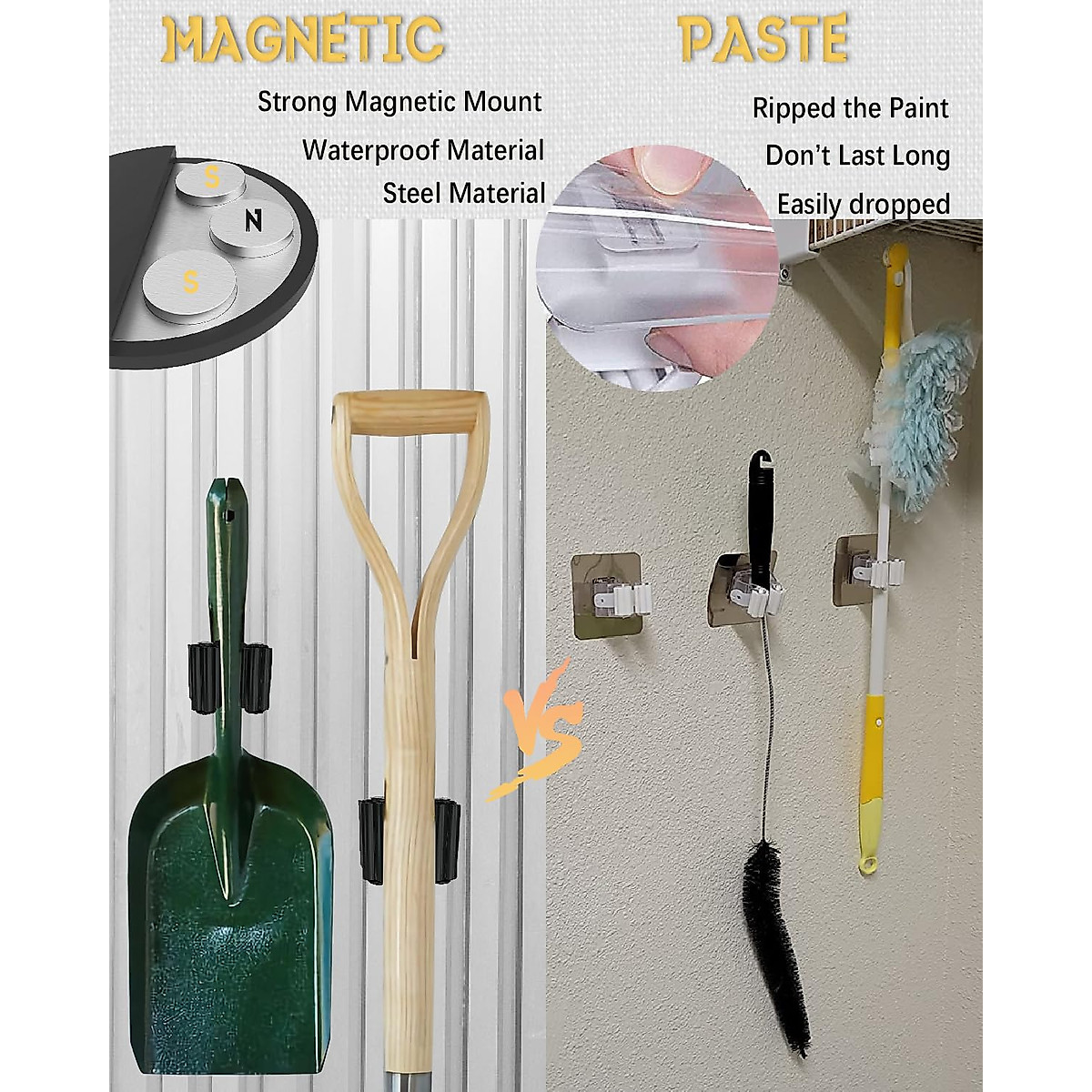 FYWZ Magnetic Mop and Broom Holder, Broom Gripper Stainless Steel Mop Hanger Magnetic Broom Holder for Refrigerator, RV Camper Wall Organizer, Garage Kitchen Laundry Tools Organizer - 2 Pack/Gray…