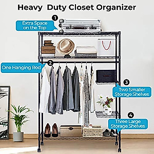 JS HOME Heavy Duty Garment Rack, Free-Standing Rolling Clothes Rack with Fitted Brown Oxford Cover, Extra Large Wardrobe Storage Rack/Organizer