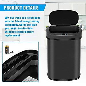 HGS 13 Gallons Trash Can Garbage Bin Stainless Steel Garbage Can Automatic Sensor Touch Free Waste Bins 50 L High-Capacity for Bathroom Bedroom Home Office, Black